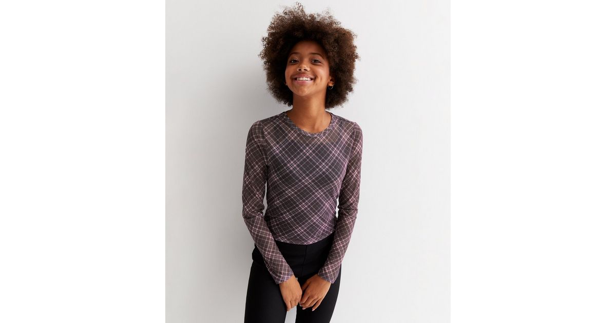 Girls Brown Check Mesh Long Sleeve Top | New Look