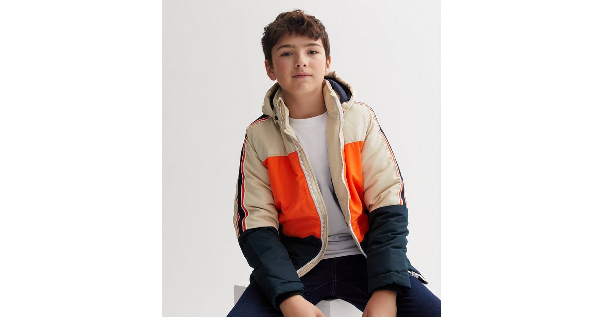 Name It Bright Orange Colour Block Tape Hooded Puffer Jacket | New Look