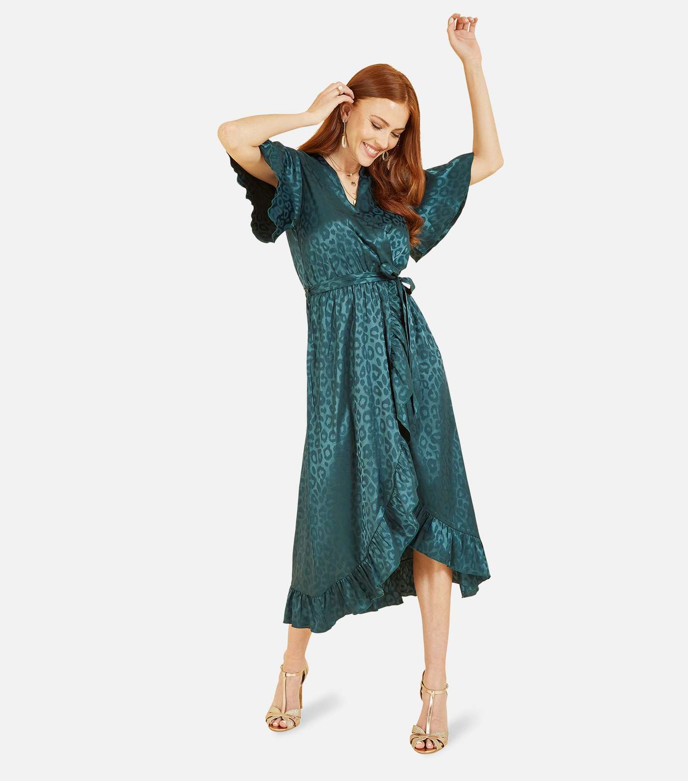 Mela Dark Green Leopard Print Jacquard Satin Midi Wrap Dress New Look