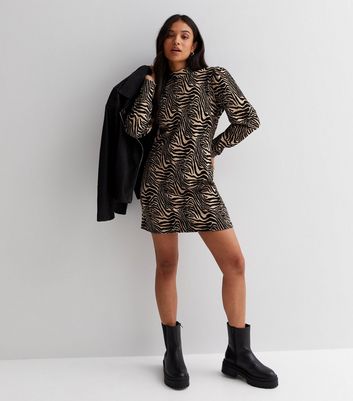 Petite Brown Zebra Print Jacquard Long Sleeve Mini Dress | New Look