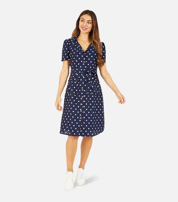 Yumi Navy Spot Puff Sleeve Mini Shirt Dress | New Look