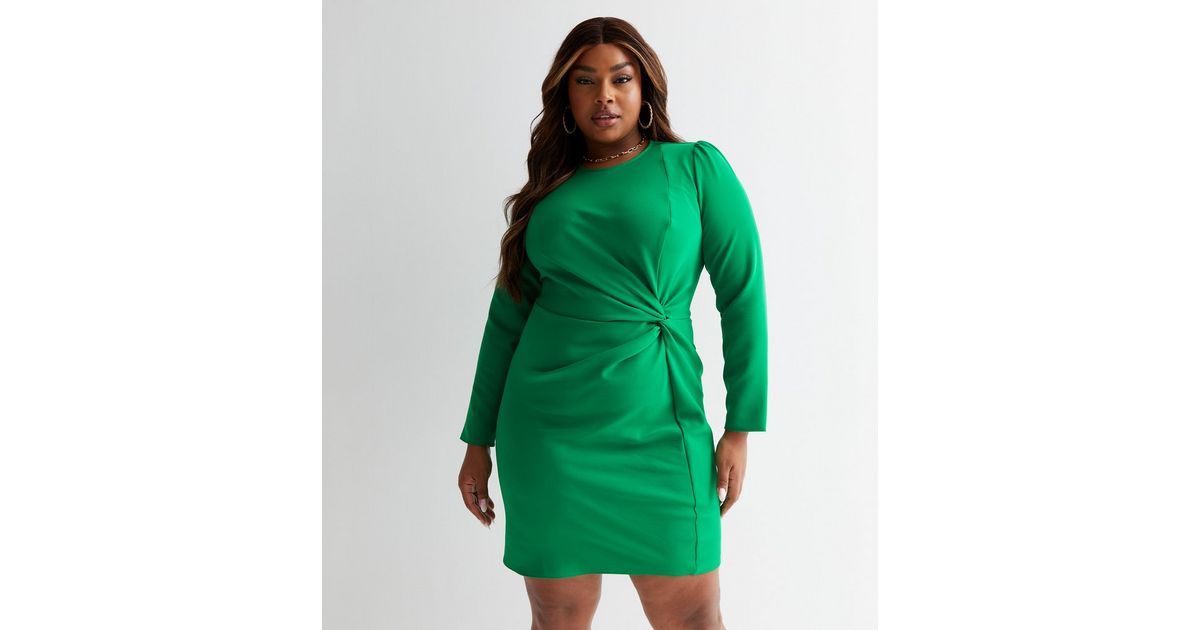 Curves Green Twist Front Long Sleeve Mini Dress | New Look