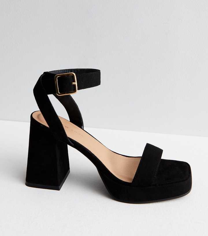 Black Suedette 2 Part Platform Block Heel Sandals | New Look