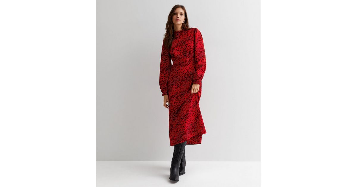 Red Abstract Print High Neck Long Sleeve Midi Dress New Look