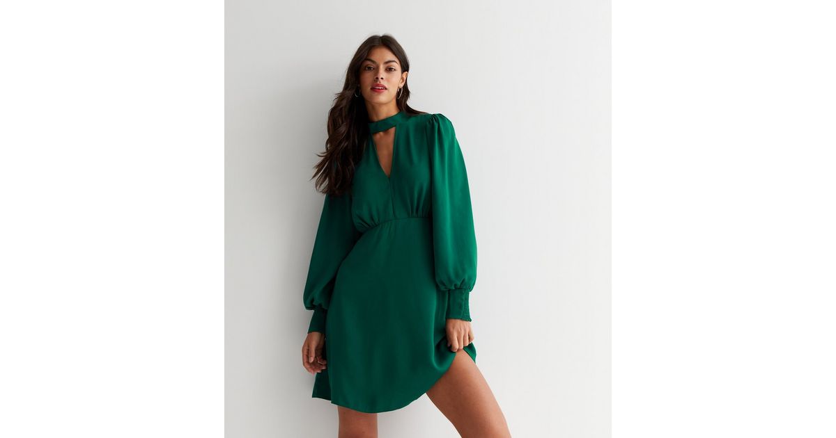 Dark Green High Neck Long Sleeve Keyhole Mini Dress | New Look