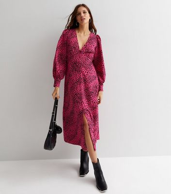 Pink Abstract Print V Neck Long Sleeve Button Front Midi Dress | New Look