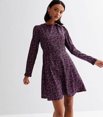 Black Ditsy Floral Long Sleeve Mini Tea Dress | New Look