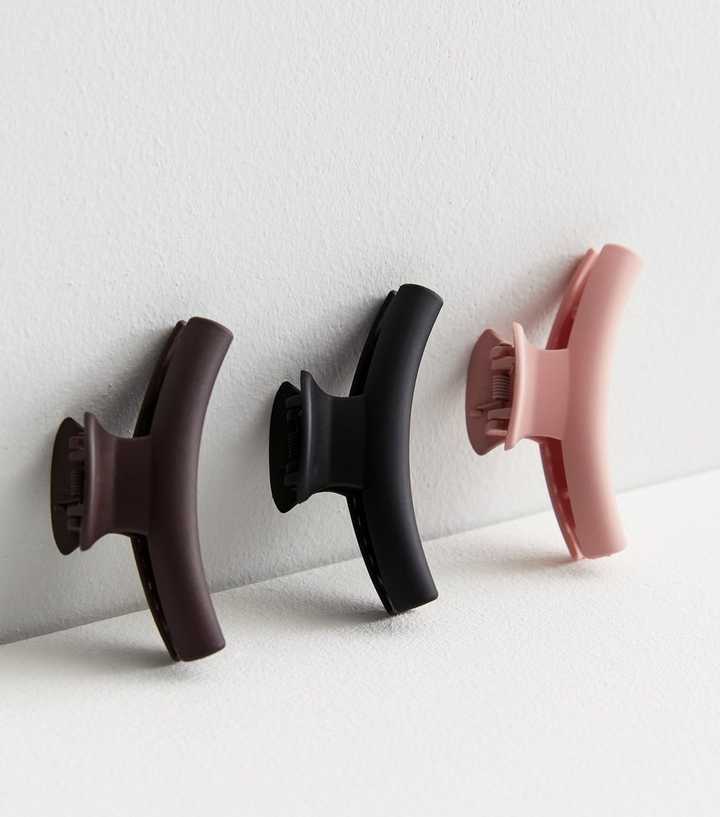 3 Pack Brown Black and Pink Matte Curved Claw Clips | New Look