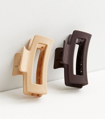 2 Pack Brown and Cream Matte Rectangle Claw Clips | New Look