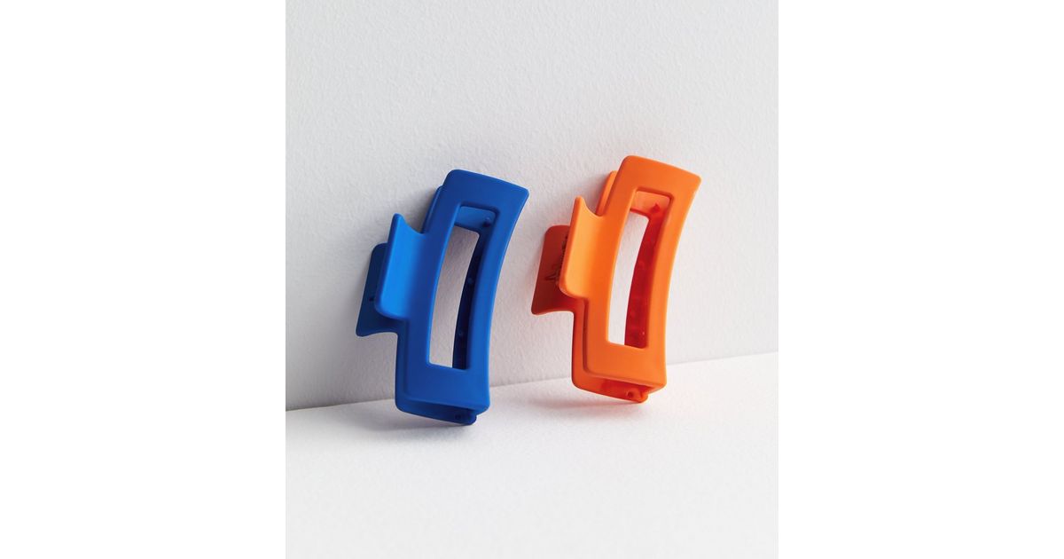2 Pack Bright Blue and Orange Matte Rectangle Claw Clips | New Look