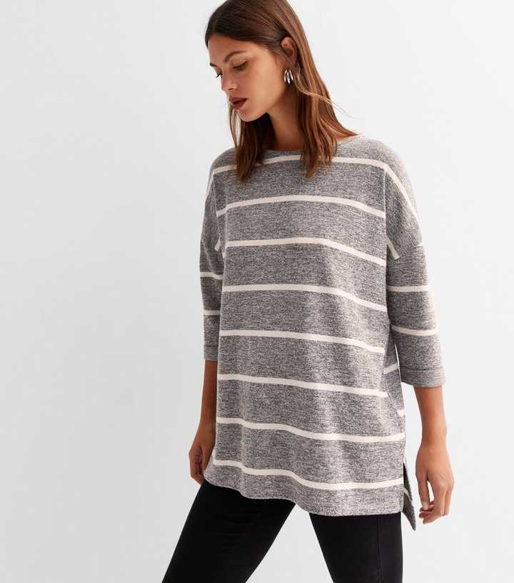 Light Grey Stripe Fine Knit 3/4 Sleeve Top | New Look
