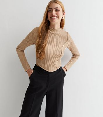 Camel Ribbed Fine Knit Corset Seam Top | New Look