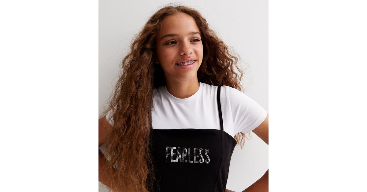 Girls Black Fearless Diamanté Logo 2 in 1 Top | New Look