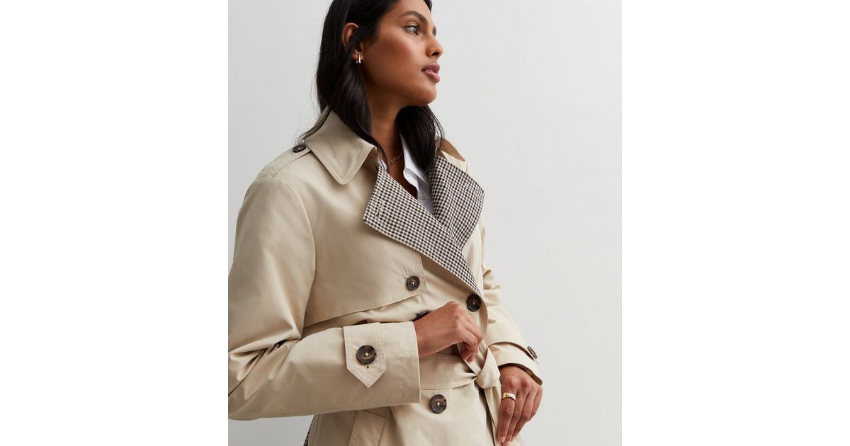 Stone Check Collared Belted Trench Coat | New Look