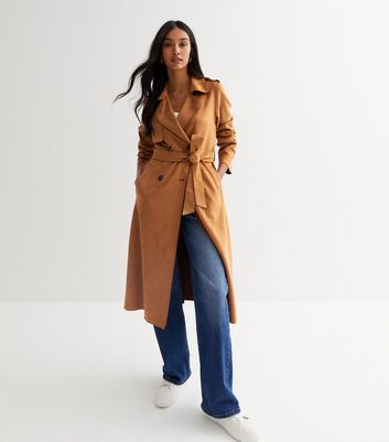 Camel Suedette Collared Belted Mac | New Look