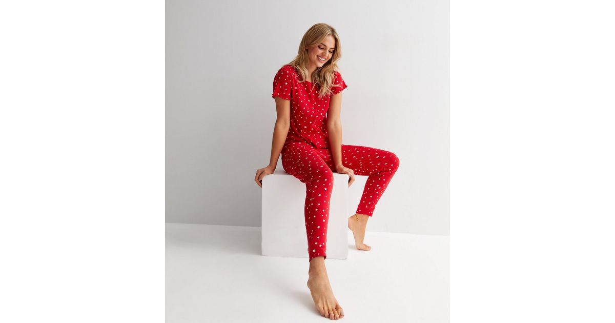 Red Frill Jogger Pyjama Set With Star Print New Look