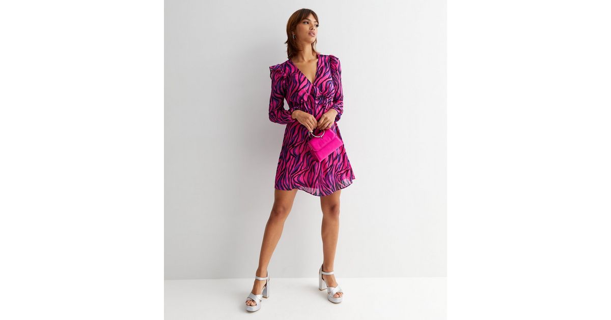Pink Zebra Print V Neck Long Sleeve Mini Dress | New Look