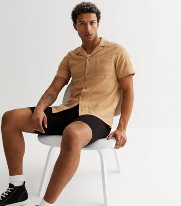 Tan Grid Crepe Revere Collar Short Sleeve Pocket Front Shirt | New Look