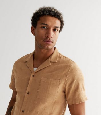 Tan Grid Crepe Revere Collar Short Sleeve Pocket Front Shirt | New Look