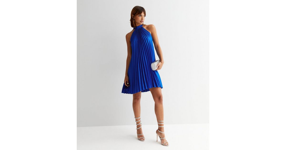 Blue Satin Pleated Halter Mini Dress New Look