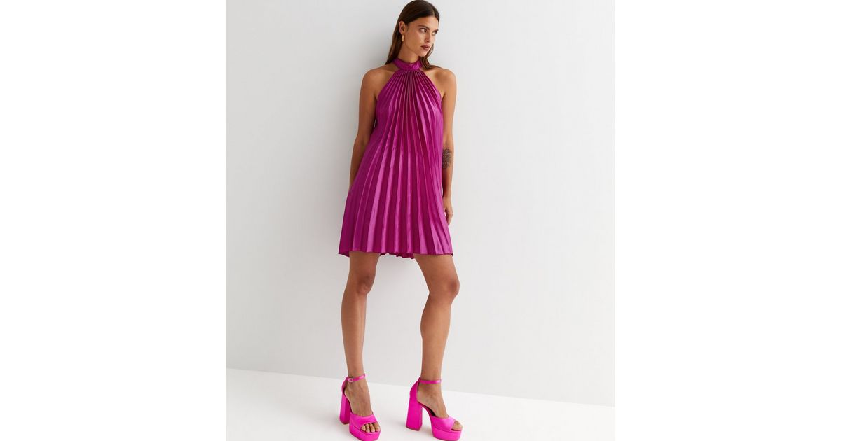 Deep Pink Satin Pleated Halter Mini Dress | New Look