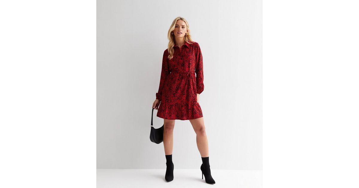 Petite Red Abstract Print Long Sleeve Tie Waist Mini Shirt Dress | New Look