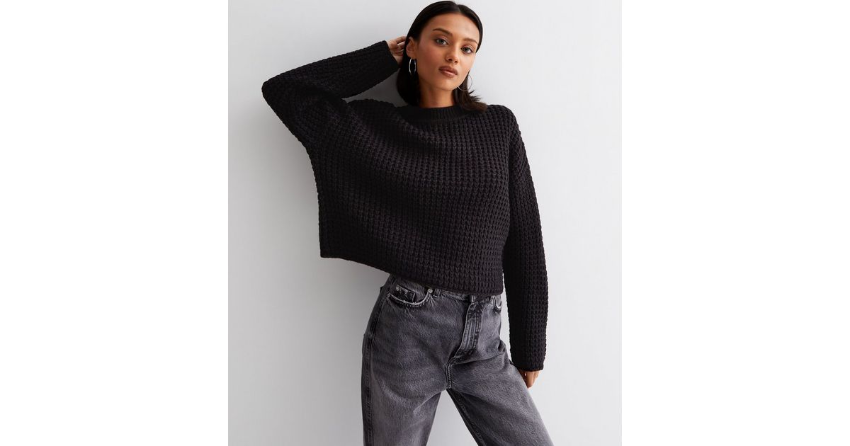Black Moss Stitch Crew Neck Boxy Jumper | New Look