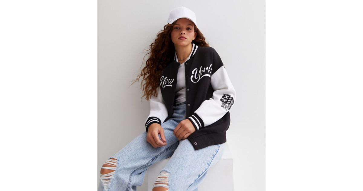 Girls Black Jersey New York Varsity Logo Bomber Jacket | New Look