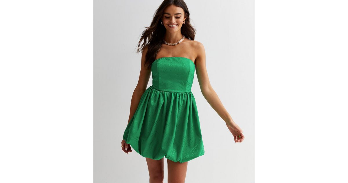 Green Satin Jacquard Bandeau Mini Puff Dress | New Look