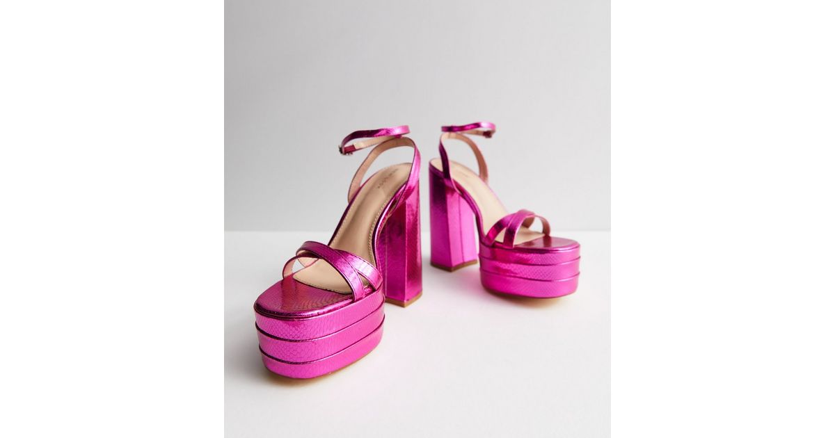 Bright Pink Faux Croc Platform Block Heel Sandals | New Look