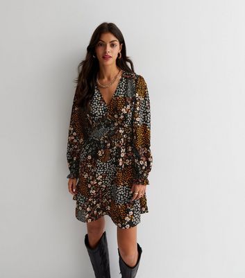 Black Ditsy Floral Long Sleeve Button Front Mini Dress | New Look
