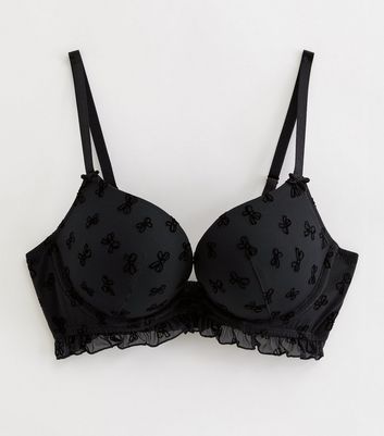 Black Flocked Bow Frill Push Up Bra | New Look