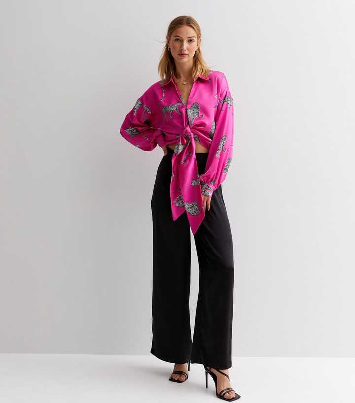 Pink Leopard Print Satin Collared Long Sleeve Tie Front Top | New Look