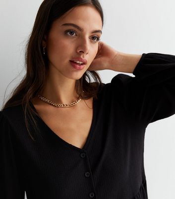 Black Crinkle V Neck Button Front Long Sleeve Mini Smock Dress | New Look
