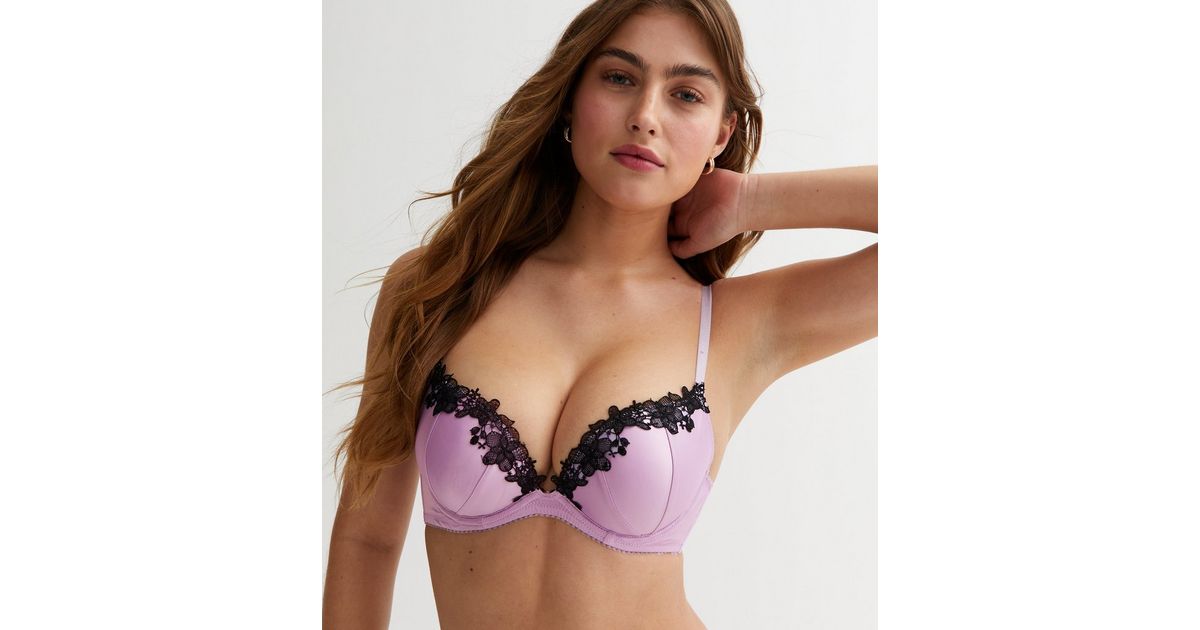 Lilac Satin Lace Trim Push Up Bra New Look