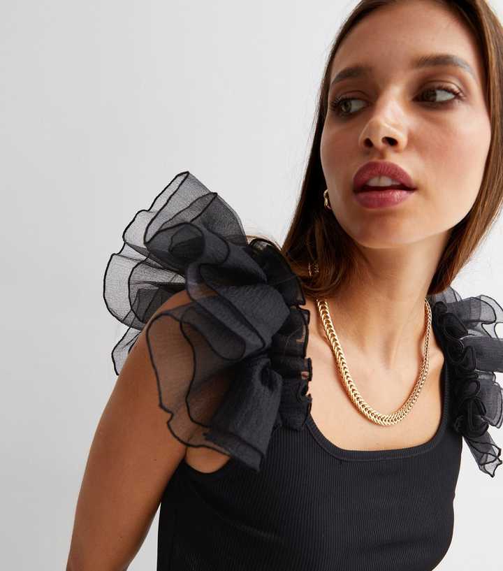 Black Ribbed Mesh Sleeve Top | New Look