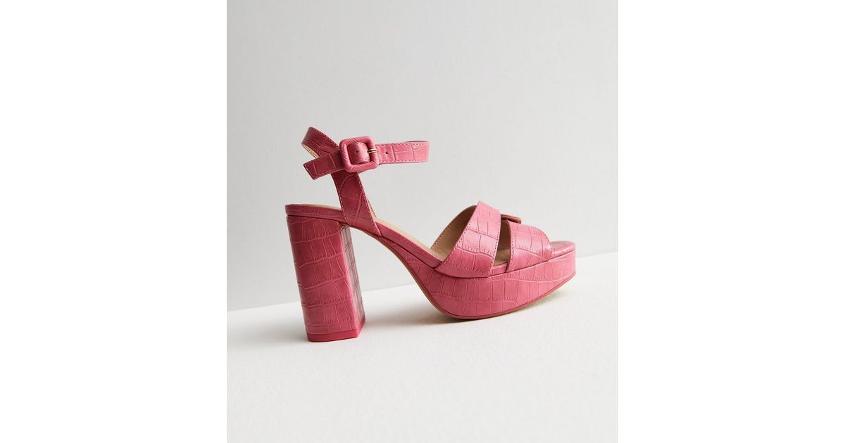 Bright Pink Faux Croc Platform Block Heel Sandals | New Look