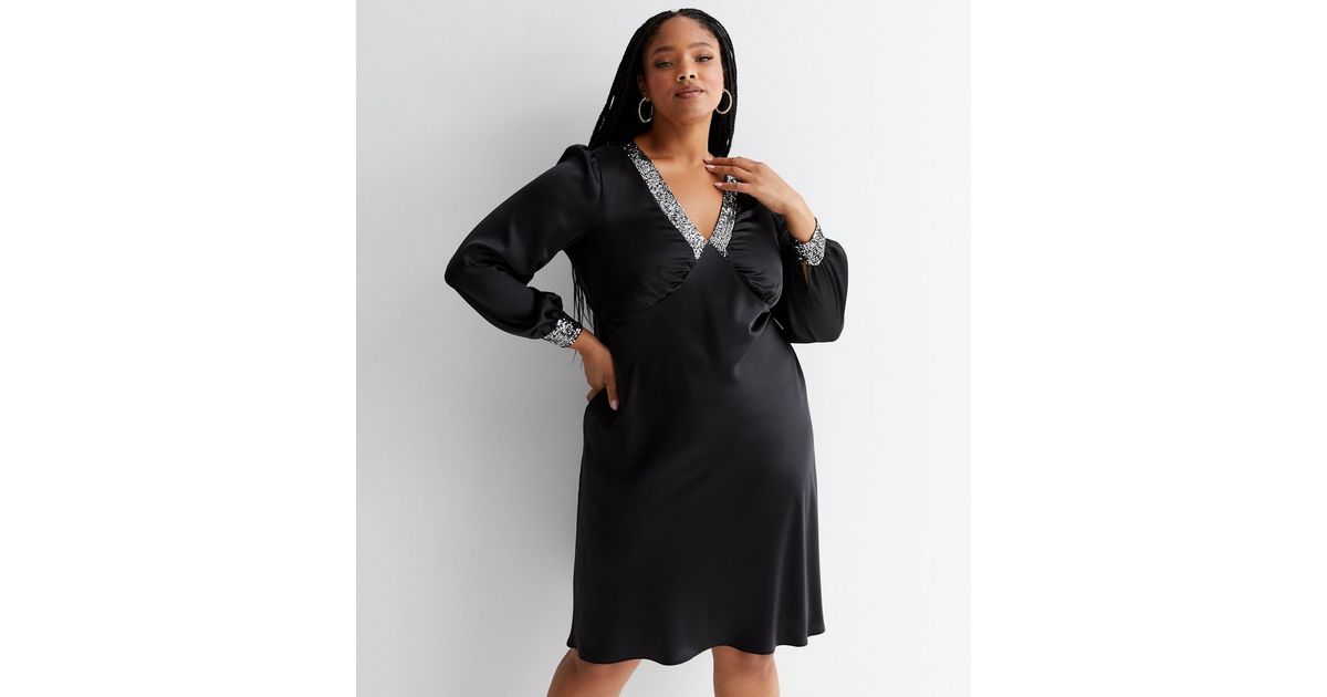 Curves Black Satin V Neck Long Sleeve Sequin Trim Mini Dress | New Look