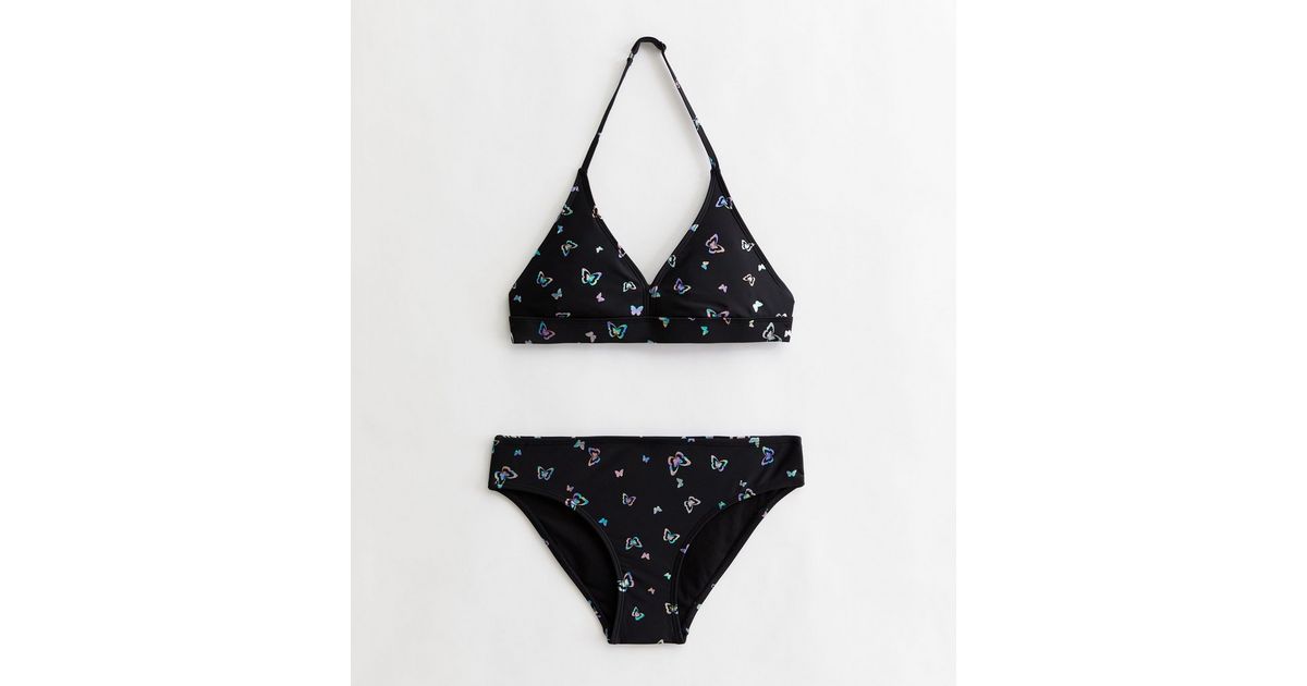 Girls Black Iridescent Butterfly Triangle Bikini Set New Look