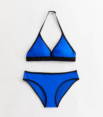 Girls Blue Contrast Trim Triangle Halter Bikini Set | New Look