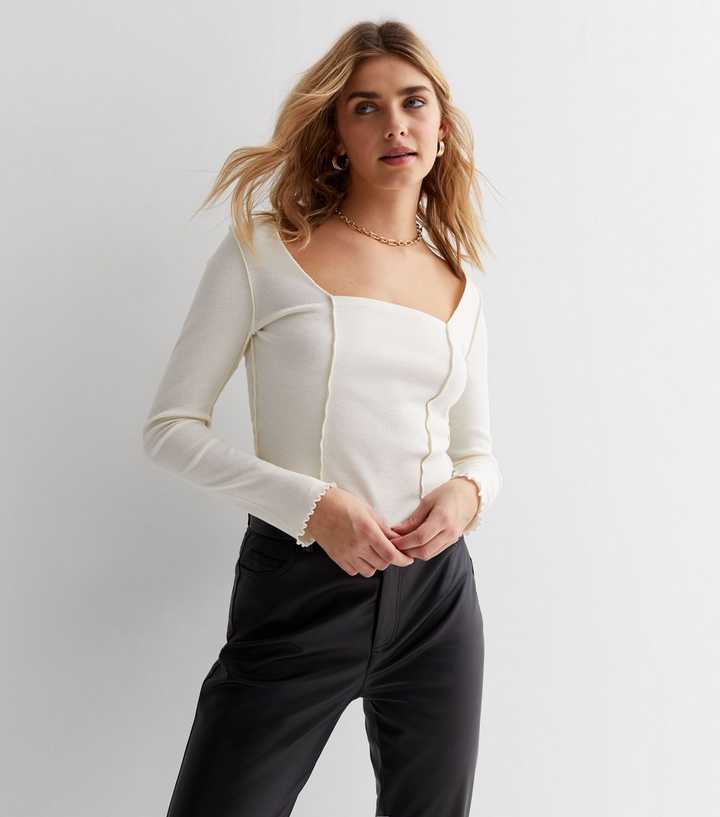 Cream Ribbed Square Neck Seam Top | New Look