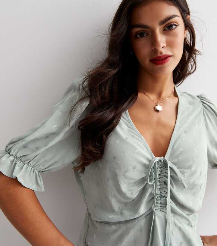 Light Green Spot Jacquard Tie Front Ruched Top | New Look