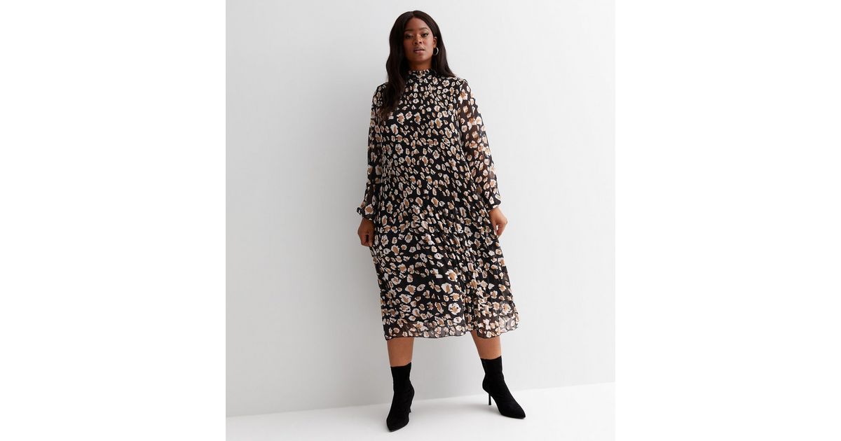 Curves Black Animal Print Chiffon High Neck Long Sleeve Pleated Midi ...