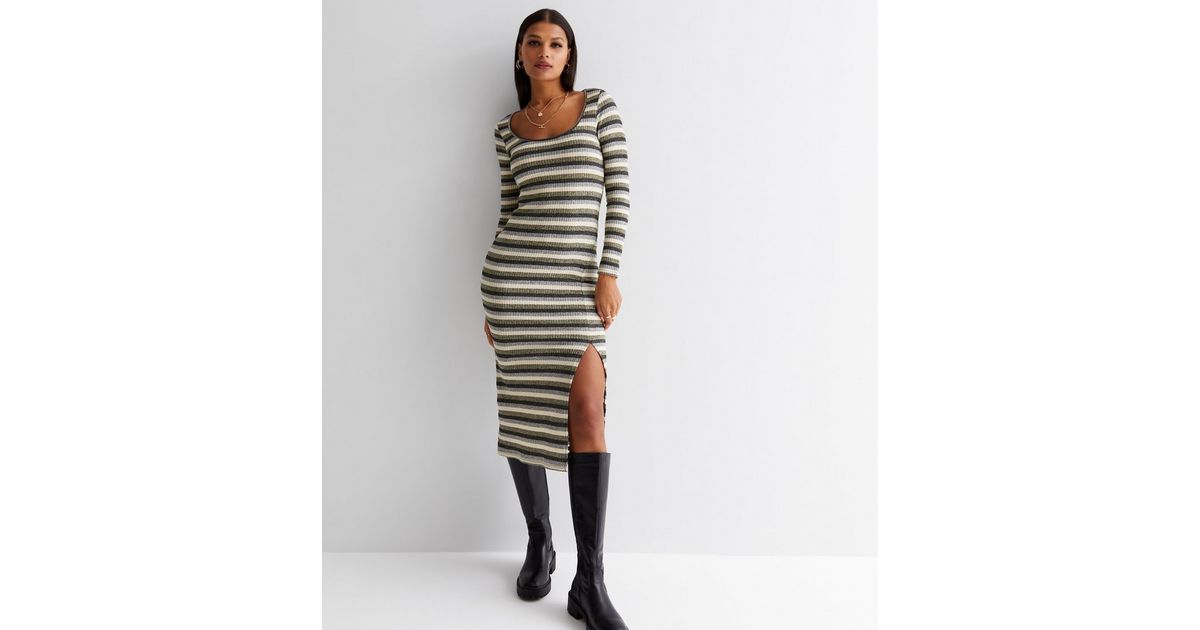 Black Stripe Ribbed Long Sleeve Split Midi Dress | New Look