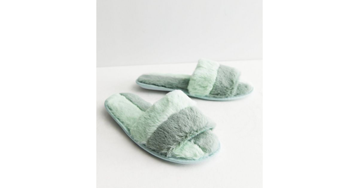 Loungeable Light Green Two Tone Faux Fur Slider Slippers | New Look