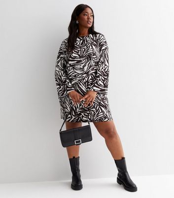 Curves Black Zebra Print Crew Neck Long Flared Sleeve Mini Dress | New Look