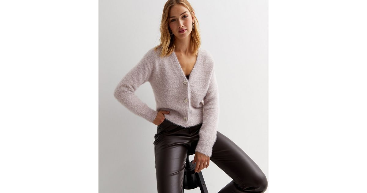 Mink Fluffy Gem Button Front Cardigan | New Look