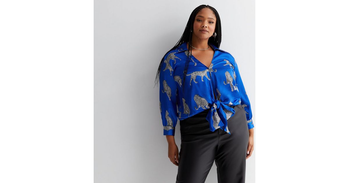 Curves Blue Leopard Print Satin Long Hem Shirt | New Look