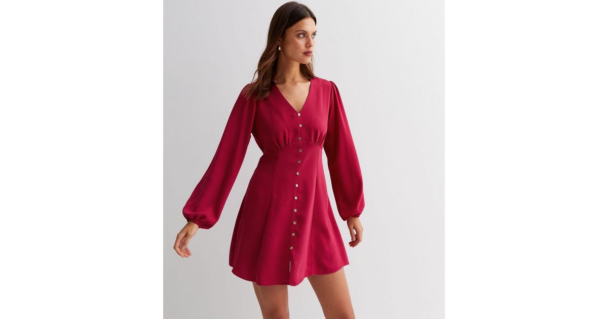 Bright Pink Puff Sleeve Button Front Mini Dress | New Look