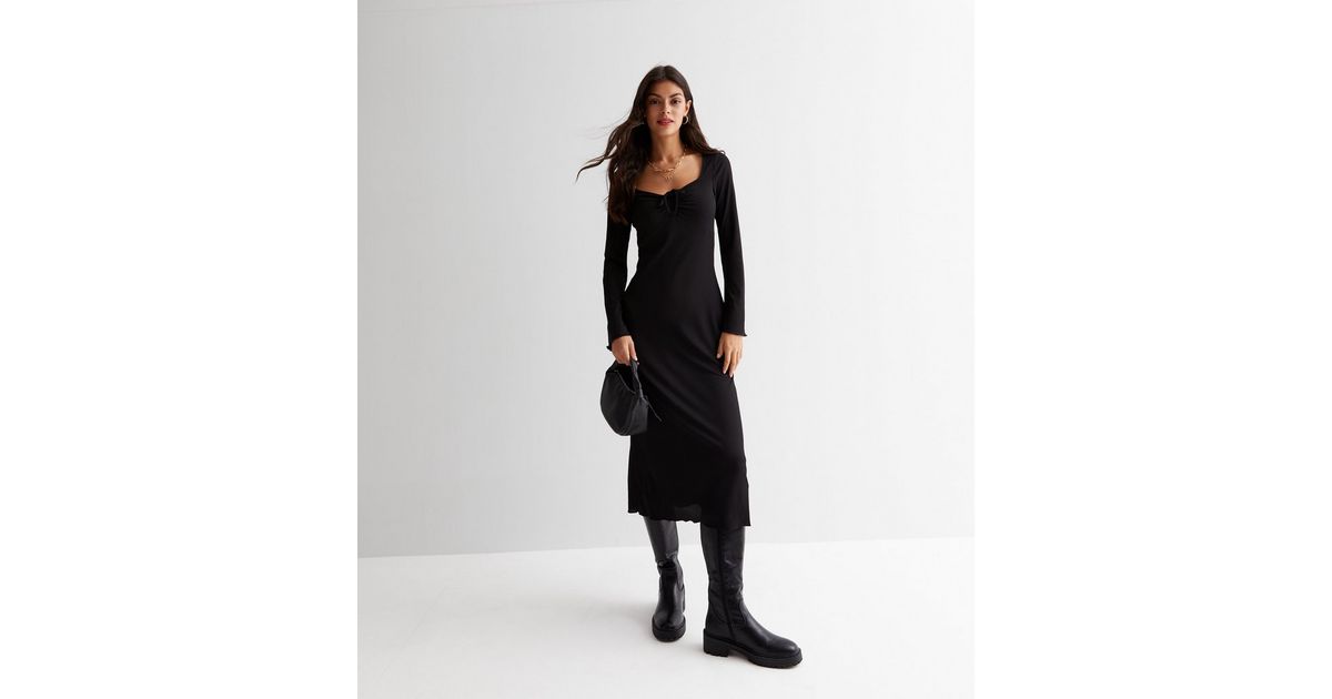 Black Ribbed Ruched Tie Front Long Sleeve Midi Dress | New Look